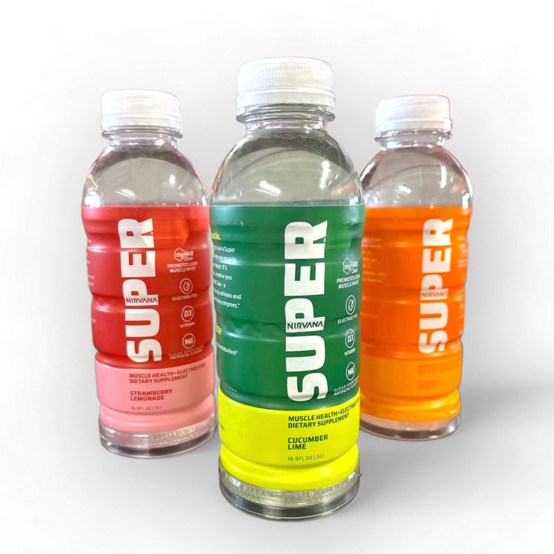 Nirvana Super™ - HMB & Electrolyte-infused bottled water.